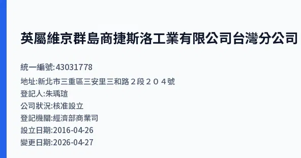 英屬維京群島商捷斯洛工業有限公司台灣分公司的照片-統編 43031778(新北市) 公司登記資料與營業項目詳細圖表