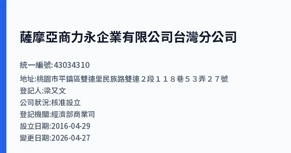薩摩亞商力永企業有限公司台灣分公司的照片-統編 43034310(桃園市) 公司登記資料與營業項目詳細圖表