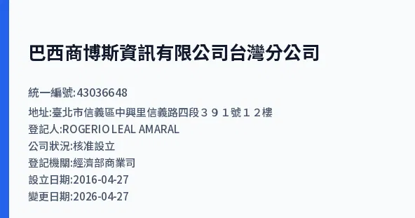 巴西商博斯資訊有限公司台灣分公司的照片-統編 43036648(臺北市) 公司登記資料與營業項目詳細圖表