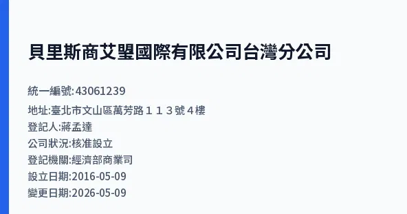 貝里斯商艾琞國際有限公司台灣分公司的照片-統編 43061239(臺北市) 公司登記資料與營業項目詳細圖表
