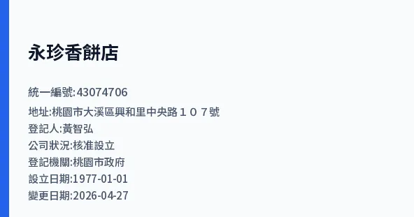 永珍香餅店的照片-統編 43074706(桃園市) 公司登記資料與營業項目詳細圖表