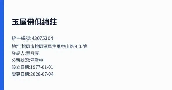 玉屋佛俱繡莊的照片-統編 43075304(桃園市) 公司登記資料與營業項目詳細圖表