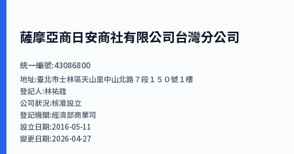 薩摩亞商日安商社有限公司台灣分公司的照片-統編 43086800(臺北市) 公司登記資料與營業項目詳細圖表