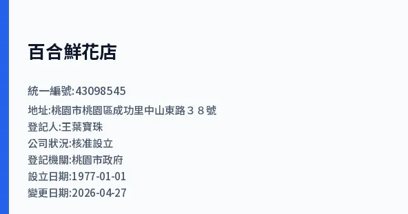 百合鮮花店的照片-統編 43098545(桃園市) 公司登記資料與營業項目詳細圖表