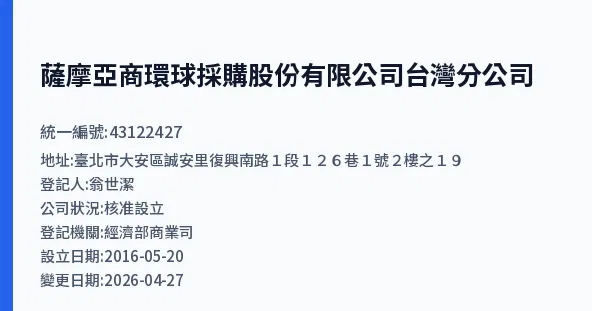 薩摩亞商環球採購股份有限公司台灣分公司的照片-統編 43122427(臺北市) 公司登記資料與營業項目詳細圖表