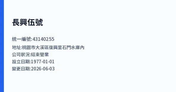 長興伍號的照片-統編 43140255(桃園市) 公司登記資料與營業項目詳細圖表