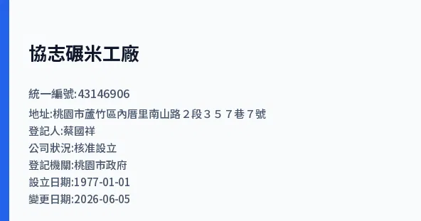 協志碾米工廠的照片-統編 43146906(桃園市) 公司登記資料與營業項目詳細圖表