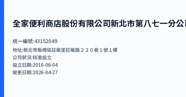 全家便利商店股份有限公司新北市第八七一分公司的照片-統編 43152049(新北市) 公司登記資料與營業項目詳細圖表