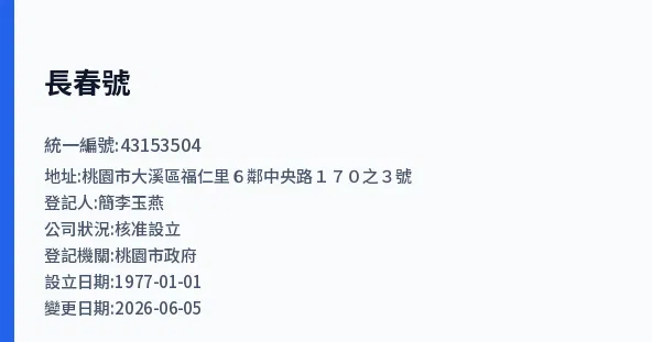 長春號的照片-統編 43153504(桃園市) 公司登記資料與營業項目詳細圖表