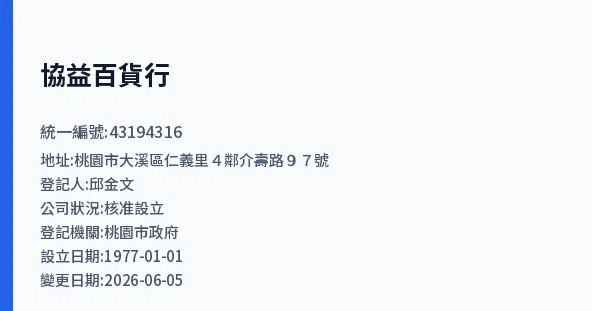 協益百貨行的照片-統編 43194316(桃園市) 公司登記資料與營業項目詳細圖表