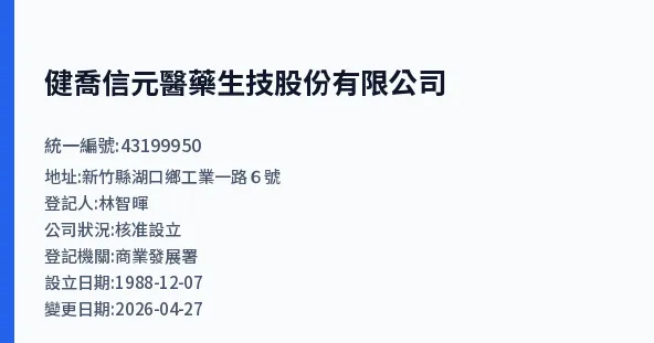 健喬信元醫藥生技股份有限公司的照片-統編 43199950(新竹縣) 公司登記資料與營業項目詳細圖表