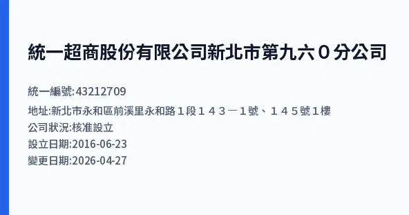 統一超商股份有限公司新北市第九六0分公司的照片-統編 43212709(新北市) 公司登記資料與營業項目詳細圖表