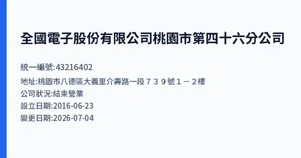 全國電子股份有限公司桃園市第四十六分公司的照片-統編 43216402(桃園市) 公司登記資料與營業項目詳細圖表