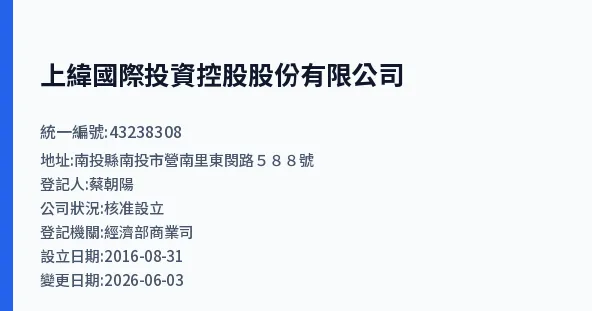 上緯國際控股股份有限公司的照片-統編 43238308(南投縣) 公司登記資料與營業項目詳細圖表