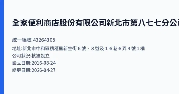 全家便利商店股份有限公司新北市第八七七分公司的照片-統編 43264305(新北市) 公司登記資料與營業項目詳細圖表