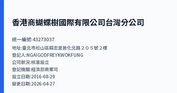 香港商蝴蝶樹國際有限公司台灣分公司的照片-統編 43273037(臺北市) 公司登記資料與營業項目詳細圖表