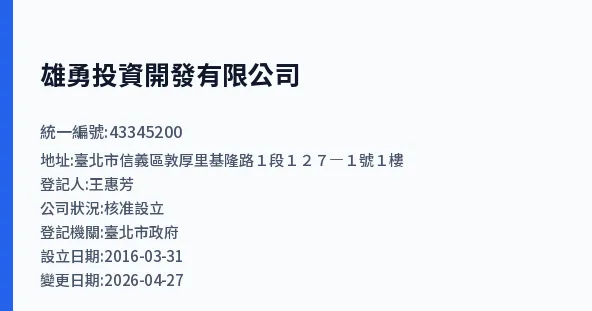 雄勇投資開發有限公司的照片-統編 43345200(臺北市) 公司登記資料與營業項目詳細圖表