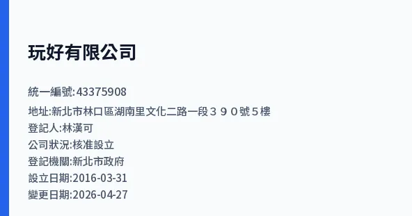 玩好有限公司的照片-統編 43375908(新北市) 公司登記資料與營業項目詳細圖表