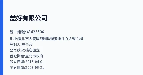 喆好有限公司的照片-統編 43425506(臺北市) 公司登記資料與營業項目詳細圖表