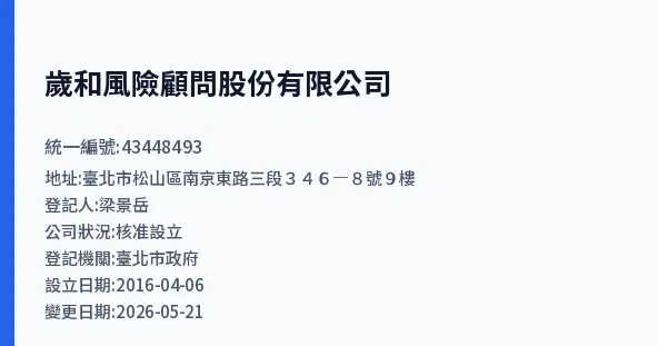 歲和風險顧問股份有限公司的照片-統編 43448493(臺北市) 公司登記資料與營業項目詳細圖表