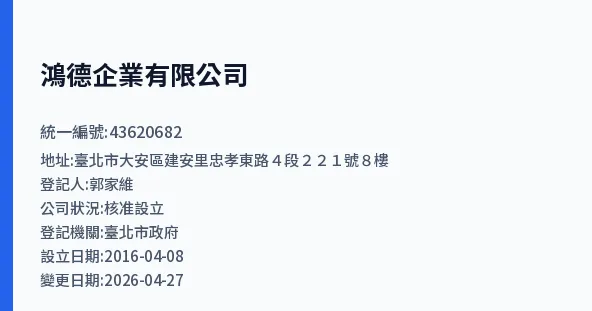 鴻德企業有限公司的照片-統編 43620682(臺北市) 公司登記資料與營業項目詳細圖表