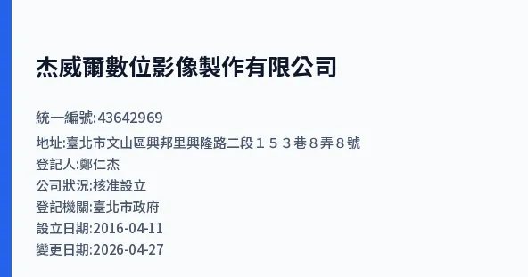 杰威爾數位影像製作有限公司的照片-統編 43642969(臺北市) 公司登記資料與營業項目詳細圖表