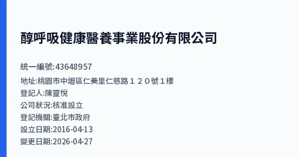 醇呼吸健康醫養事業股份有限公司的照片-統編 43648957(桃園市) 公司登記資料與營業項目詳細圖表