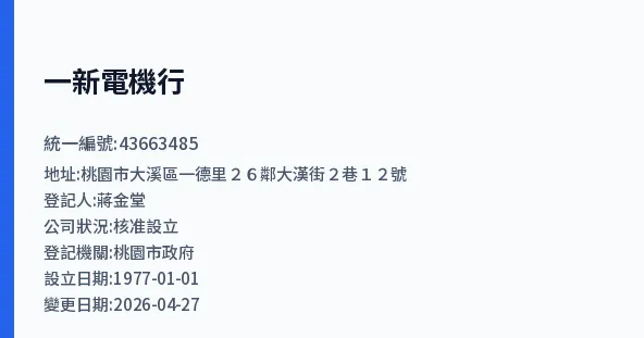 一新電機行的照片-統編 43663485(桃園市) 公司登記資料與營業項目詳細圖表