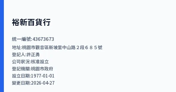 裕新百貨行的照片-統編 43673673(桃園市) 公司登記資料與營業項目詳細圖表