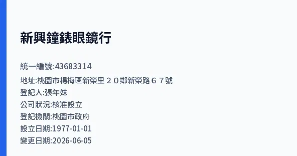新興鐘錶眼鏡行的照片-統編 43683314(桃園市) 公司登記資料與營業項目詳細圖表