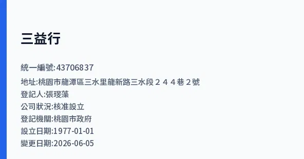 三益行的照片-統編 43706837(桃園市) 公司登記資料與營業項目詳細圖表
