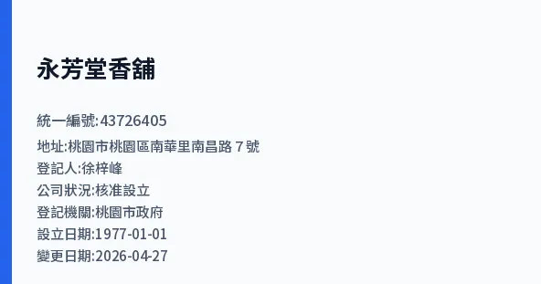永芳堂香舖的照片-統編 43726405(桃園市) 公司登記資料與營業項目詳細圖表