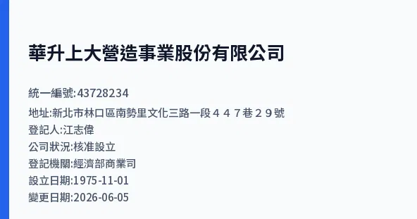 華升上大營造事業股份有限公司的照片-統編 43728234(新北市) 公司登記資料與營業項目詳細圖表