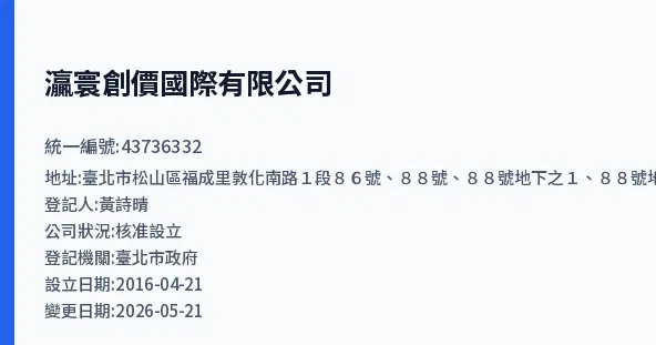 灜寰創價國際有限公司的照片-統編 43736332(臺北市) 公司登記資料與營業項目詳細圖表