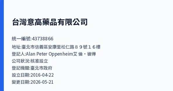 台灣意高藥品有限公司的照片-統編 43738866(臺北市) 公司登記資料與營業項目詳細圖表