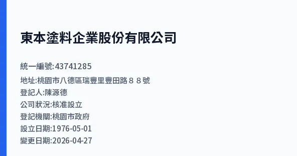 東本塗料企業股份有限公司的照片-統編 43741285(桃園市) 公司登記資料與營業項目詳細圖表