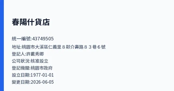 春陽什貨店的照片-統編 43749505(桃園市) 公司登記資料與營業項目詳細圖表