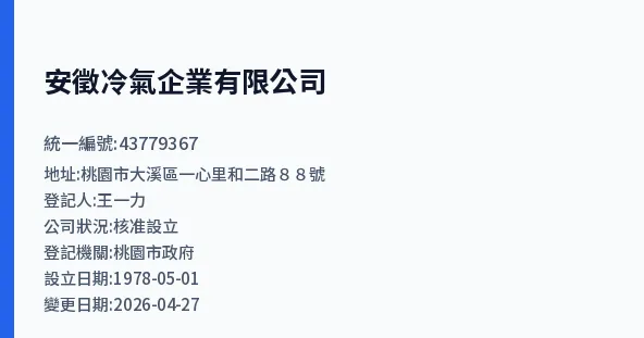 安徵冷氣企業有限公司的照片-統編 43779367(桃園市) 公司登記資料與營業項目詳細圖表
