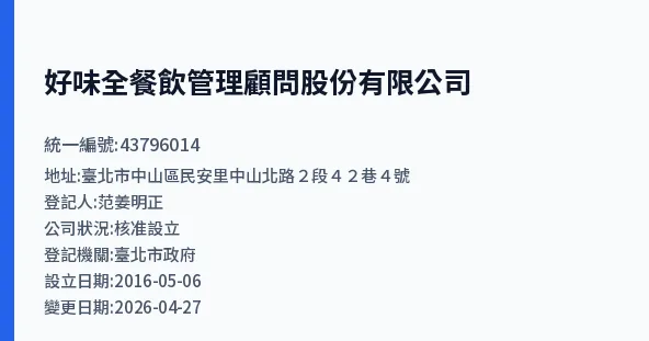 好味全餐飲管理顧問股份有限公司的照片-統編 43796014(臺北市) 公司登記資料與營業項目詳細圖表
