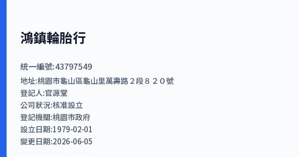 鴻鎮輪胎行的照片-統編 43797549(桃園市) 公司登記資料與營業項目詳細圖表