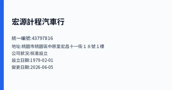 宏源計程汽車行的照片-統編 43797816(桃園市) 公司登記資料與營業項目詳細圖表