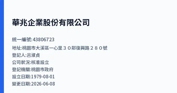 華兆企業股份有限公司的照片-統編 43806723(桃園市) 公司登記資料與營業項目詳細圖表