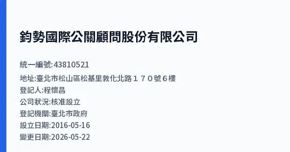 鈞勢國際公關顧問股份有限公司的照片-統編 43810521(臺北市) 公司登記資料與營業項目詳細圖表
