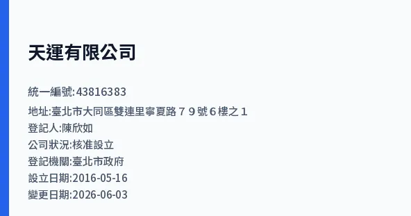 天運有限公司的照片-統編 43816383(臺北市) 公司登記資料與營業項目詳細圖表
