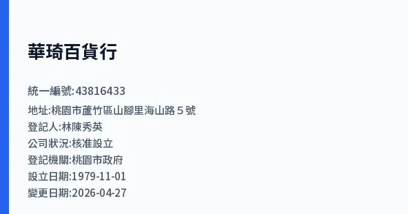華琦百貨行的照片-統編 43816433(桃園市) 公司登記資料與營業項目詳細圖表