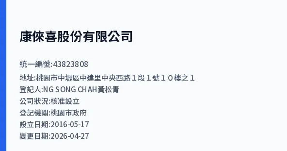 康倈喜股份有限公司的照片-統編 43823808(桃園市) 公司登記資料與營業項目詳細圖表