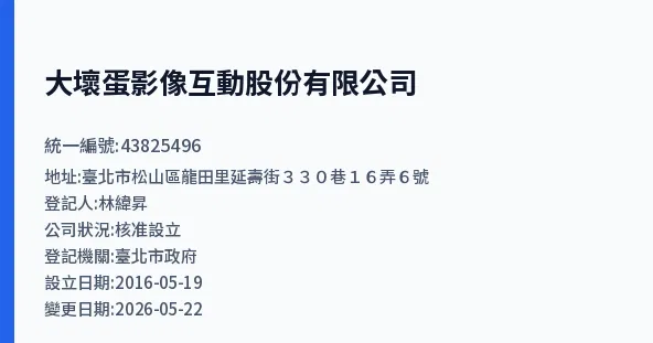 大壞蛋影像互動股份有限公司的照片-統編 43825496(臺北市) 公司登記資料與營業項目詳細圖表