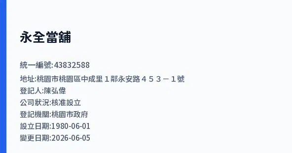 永全當舖的照片-統編 43832588(桃園市) 公司登記資料與營業項目詳細圖表