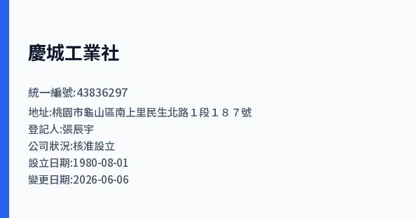 慶城工業社的照片-統編 43836297(桃園市) 公司登記資料與營業項目詳細圖表