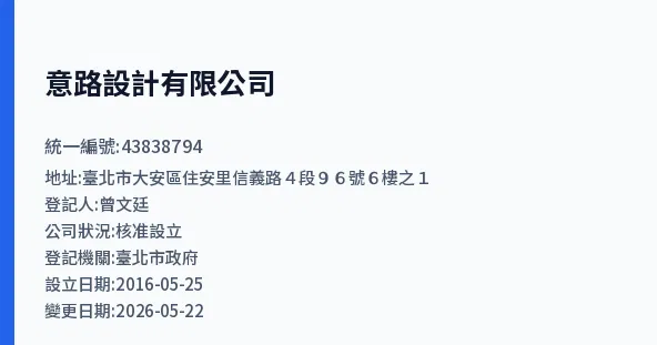 意路設計有限公司的照片-統編 43838794(臺北市) 公司登記資料與營業項目詳細圖表